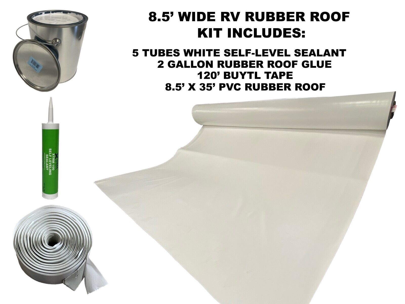 8.5' Width x 35' Length PVC RV Rubber Roof Installation Kit Bright Whi