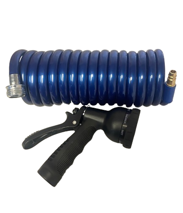 RV Spray Down Water Hose 15' Coil W/ Spray Nozzle To Quick Connect